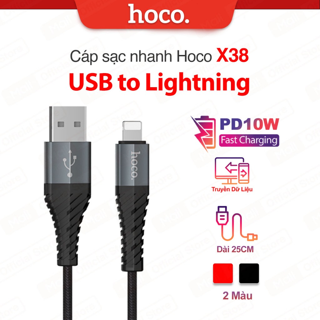 Cáp sạc nhanh PD10W USB dùng cho 6/7/8/10 Hoco X38 hỗ trợ truyền dữ liệu dây dù siêu bền dài ...