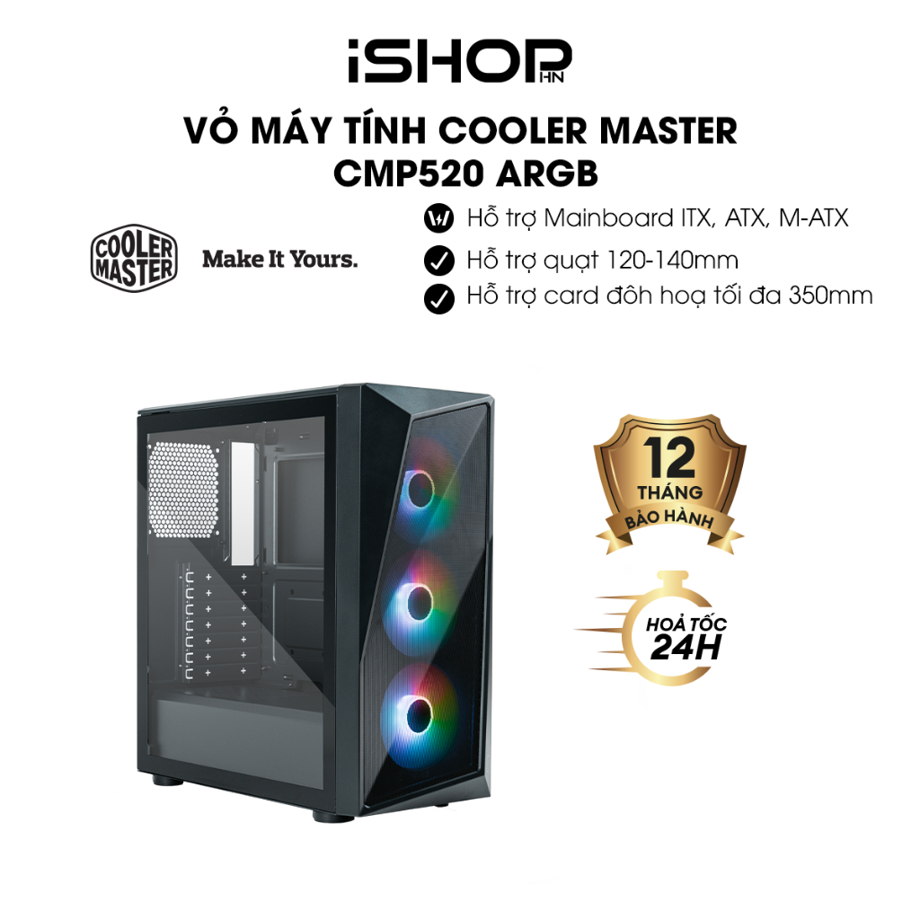 Case máy tính Cooler Master MasterBox 520 Mesh ARGB Mid Tower, 3 quạt CF120 ARGB, bảo hành 12 ...