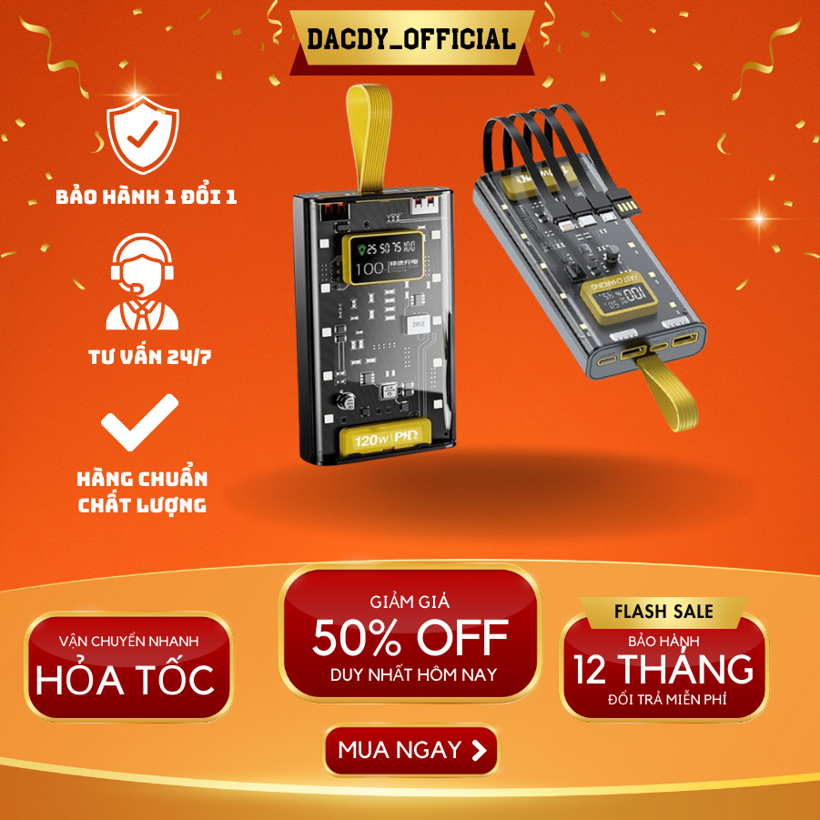 Sạc dự phòng trong suốt 30000mah TZ07 với 2 cổng sạc nhanh 22,5W và PD ...