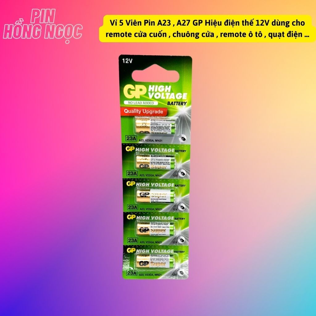 Vỉ 5 Viên pin A23 , A27 GP hiệu điện thế 12V dùng cho remote cửa cuốn , chuông cửa , remote quạt ...