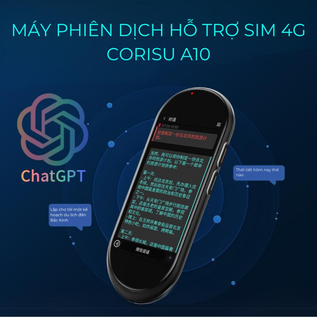 Máy phiên dịch lắp SIM 4G CORISU A10 tích hợp AI CHAT GPT, dịch offline hơn 50 ngôn ngữ phản hồi ...