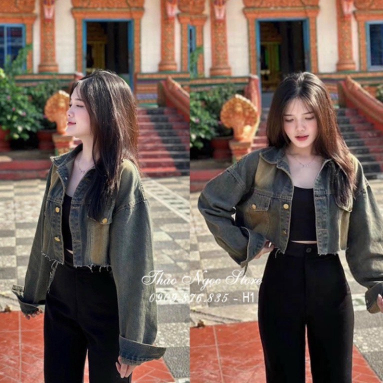 Áo Khoác Jean Nữ Dáng Croptop Dài Tay Rách Tua Line 2 Nắp Túi Hàng Đẹp ...