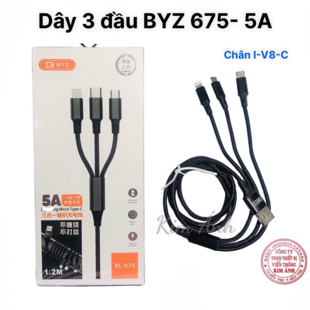 Dây sạc đa năng BYZ 675, 3 đầu ( I-C-V8 ) Hàng chính hãng bảo hành 12 ...
