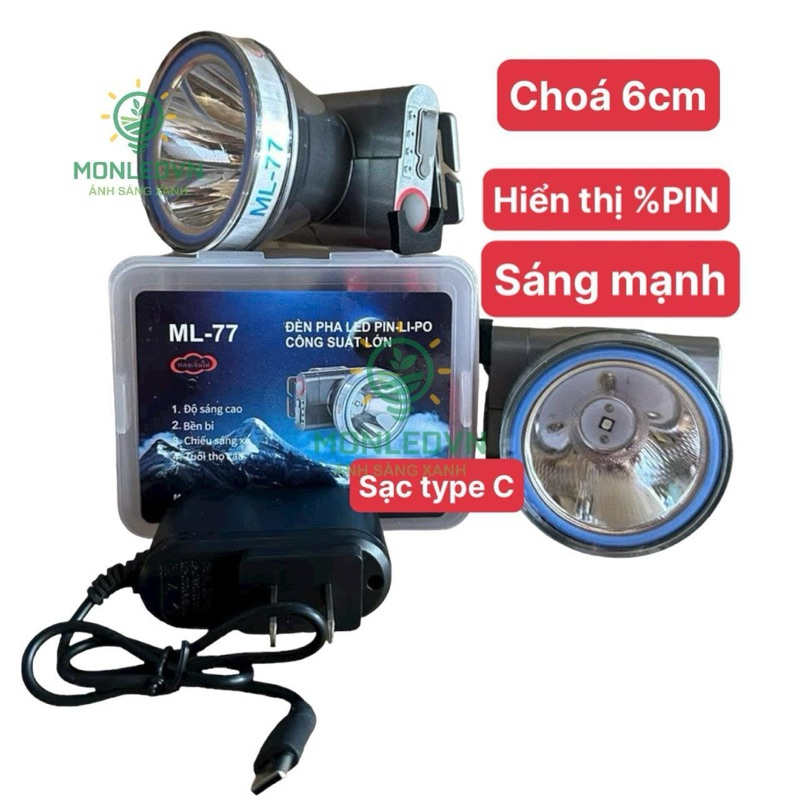 Đèn Pin đội đầu ML77 choá đèn 6cm, sạc Type C, siêu mỏng đeo nhẹ đầu và sáng mạnh,hiển thị %PIN ...