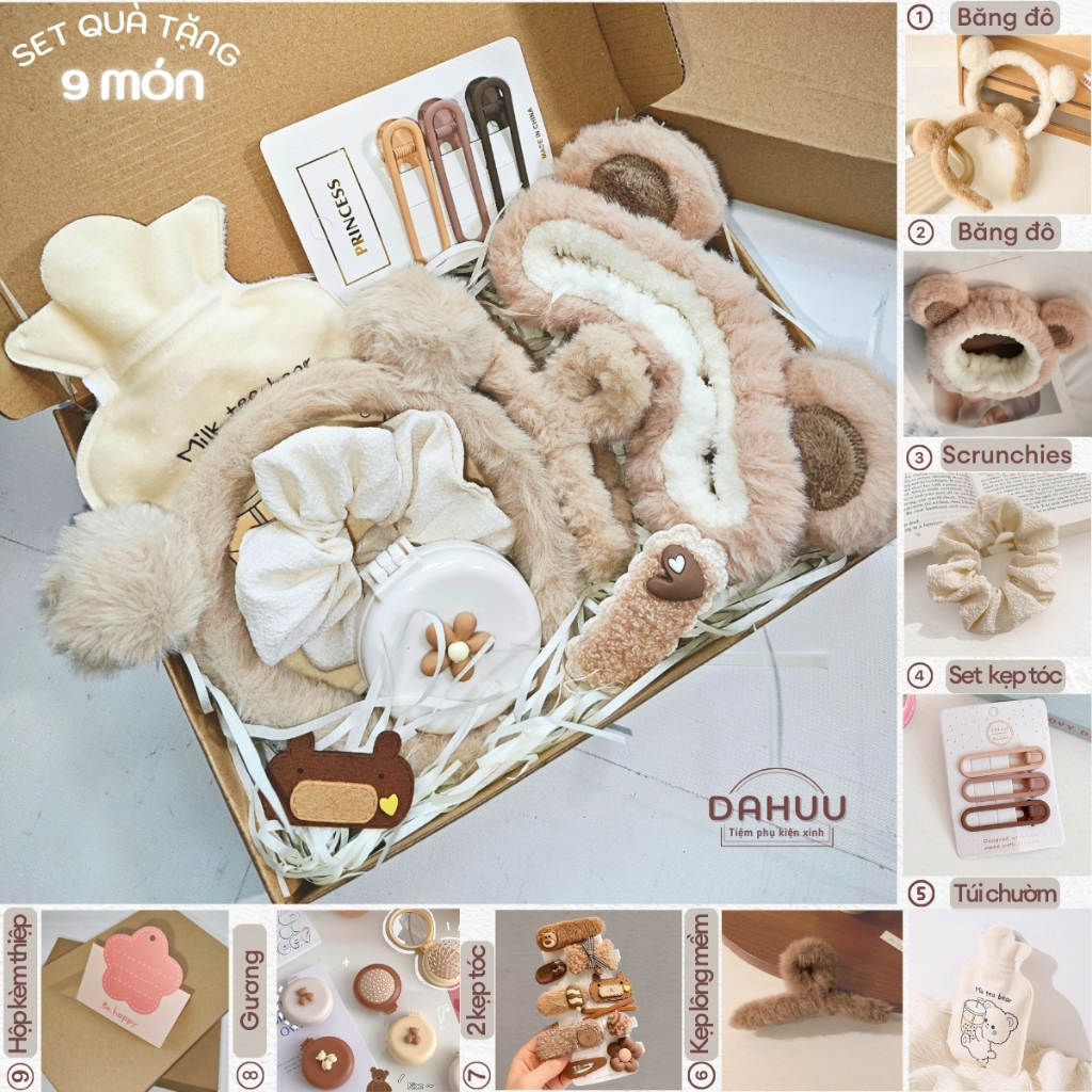 Quà tặng bạn gái tone nâu DAHUU set quà tặng phụ kiện tóc dễ thương ...