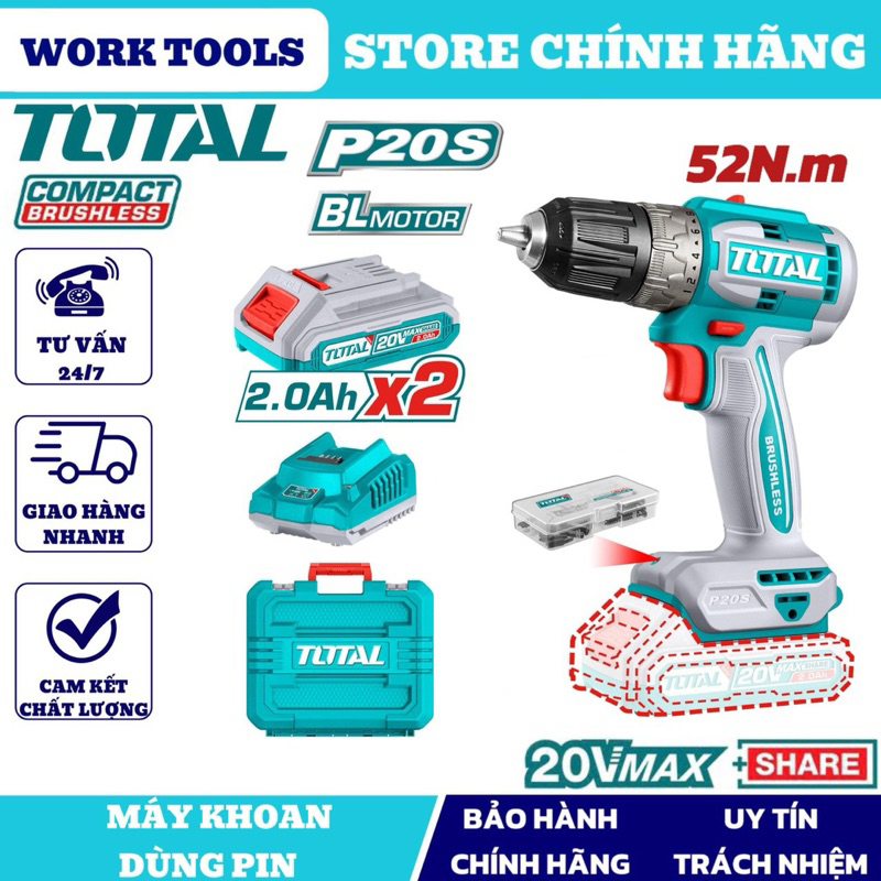 TOTAL Máy khoan búa KHÔNG CHỔI THAN dùng pin 20V , TDLI20453 ...