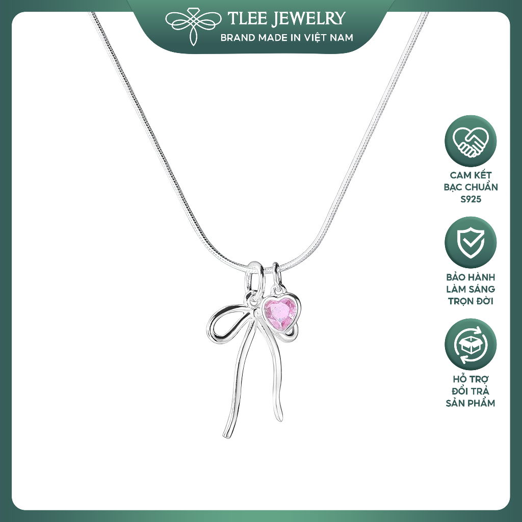 Dây chuyền bạc nữ TLEE, vòng cổ dây mì mặt hình nơ trơn mix đá tim hồng ...