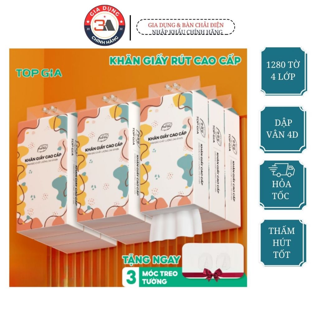 Thùng 6 gói khăn giấy Top Gia đa sắc - Giấy vệ sinh, Giấy rút treo tường 4 lớp 1280 tờ/1 gói vân ...