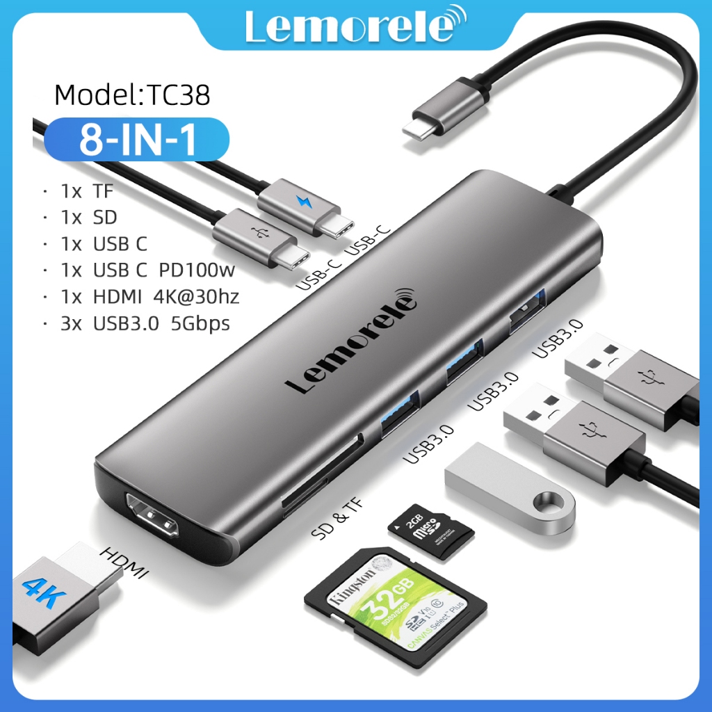 Bộ Chuyển Đổi 8 trong 1 Hub USB C 3.0 Lemorele TC38L tốc độ cao có đầu đọc thẻ nhớ SD/TF,PD 100W ...