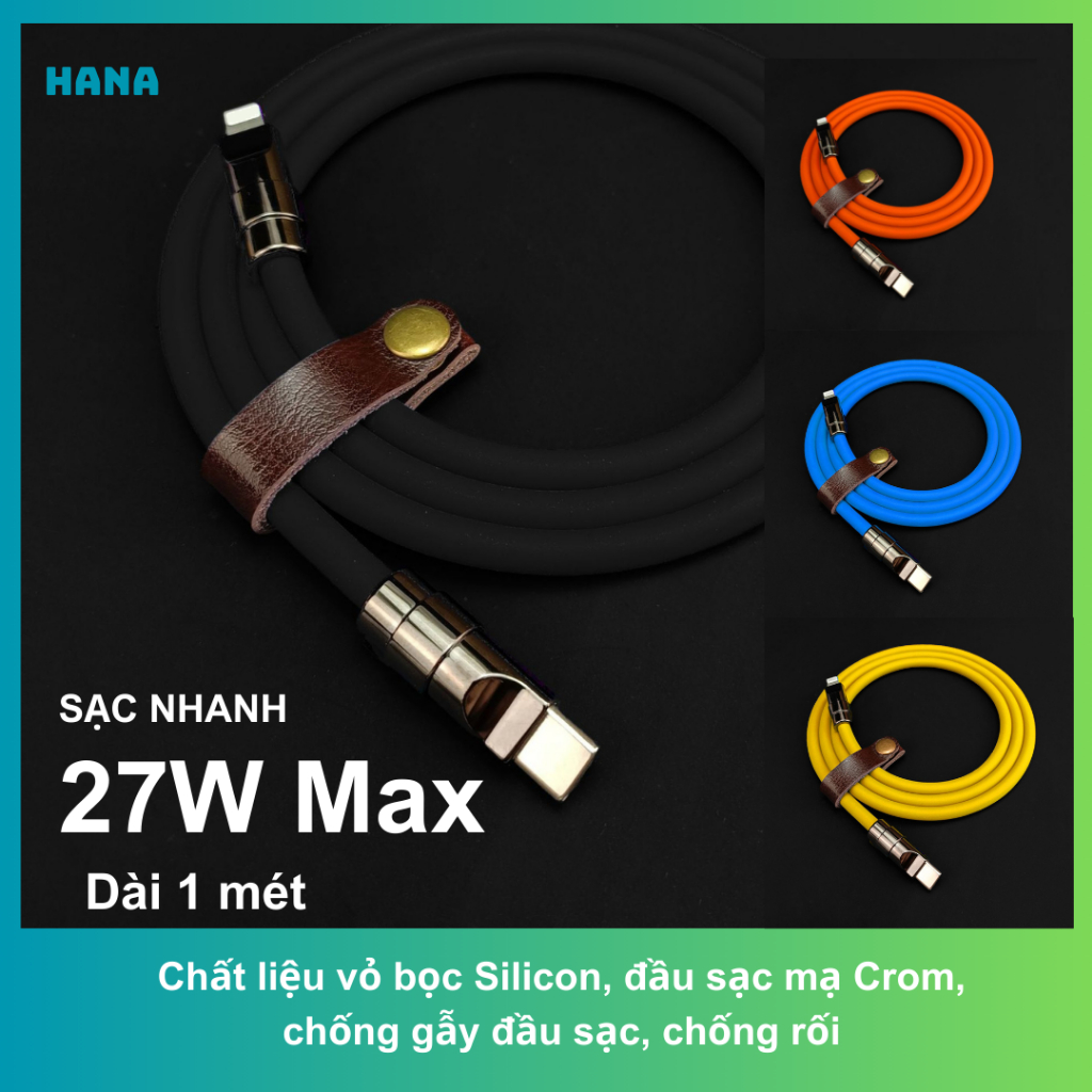 Cáp sạc nhanh Type C - lP PD27W Max - Chất liệu silicon mềm - Đầu sạc kim loại mạ vàng - Dài 1 ...