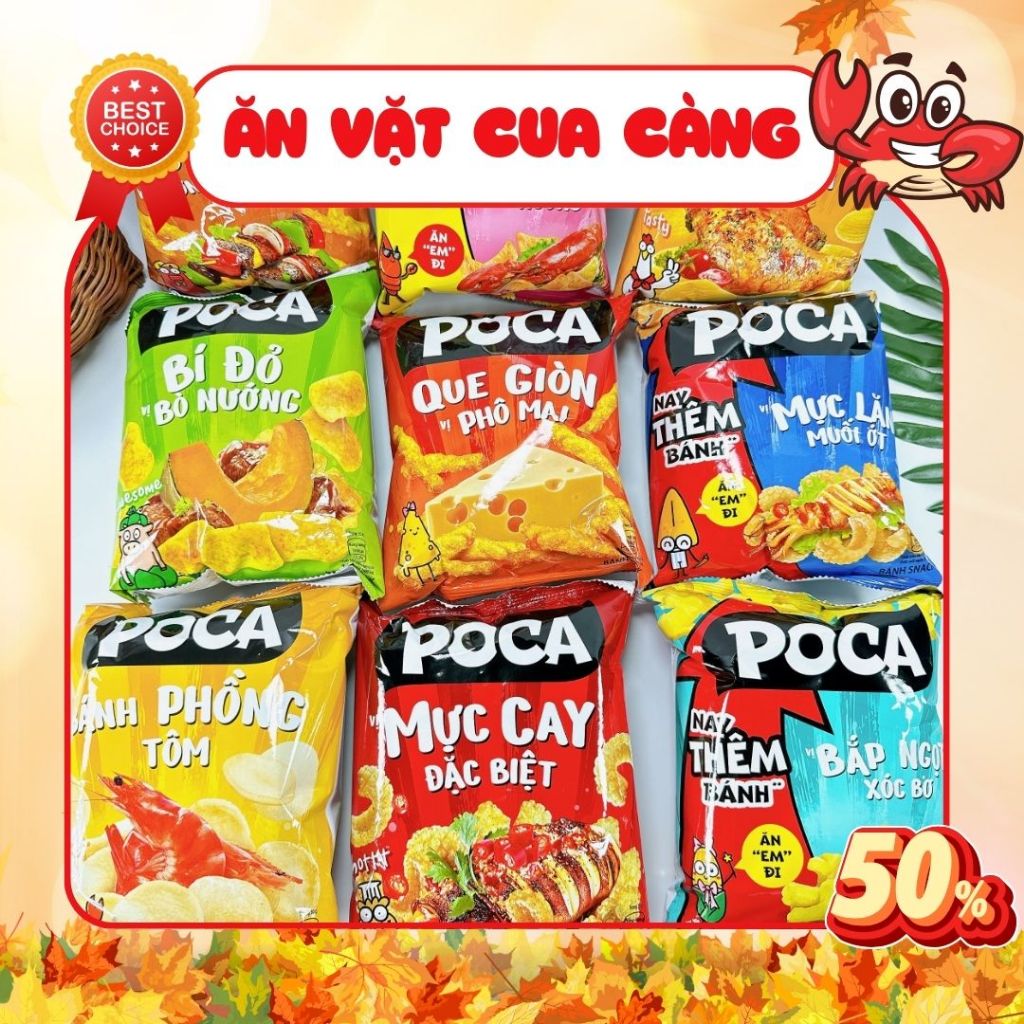 Snack POCA gói 33gr đầy đủ các hương vị : Mực Lăn - Bò - Tôm - Ăn vặt ...