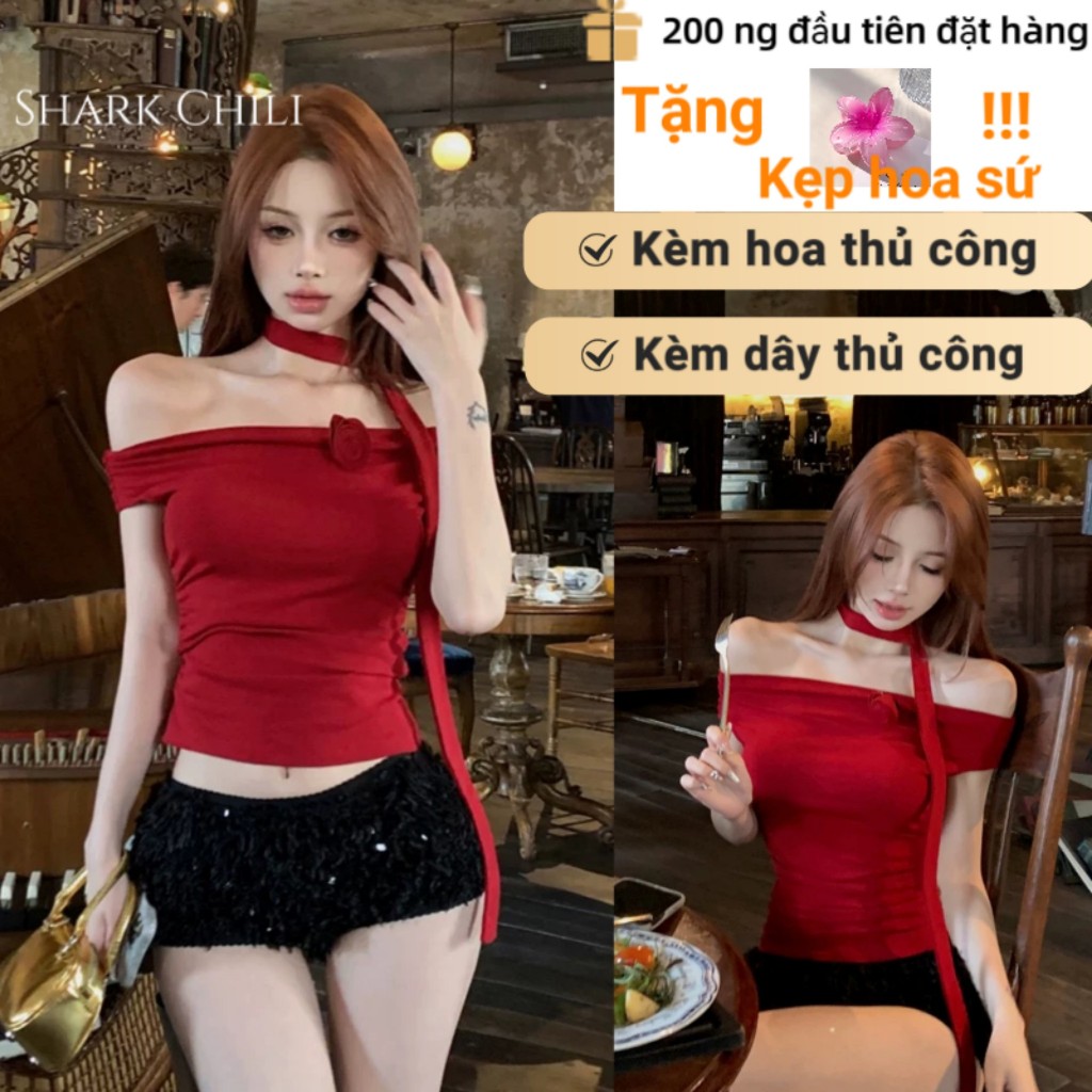 【Kèm hoa hồng thủ công+dây】Áo croptop đỏ trễ vai tay ngắn shark chili kiểu nữ y2k 2 dây hở vai ...