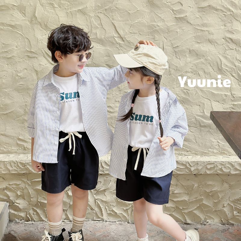 Bộ quần áo bé trai bé gái Yuunie set đồ 3 chi tiết áo somi kẻ xanh, áo ...