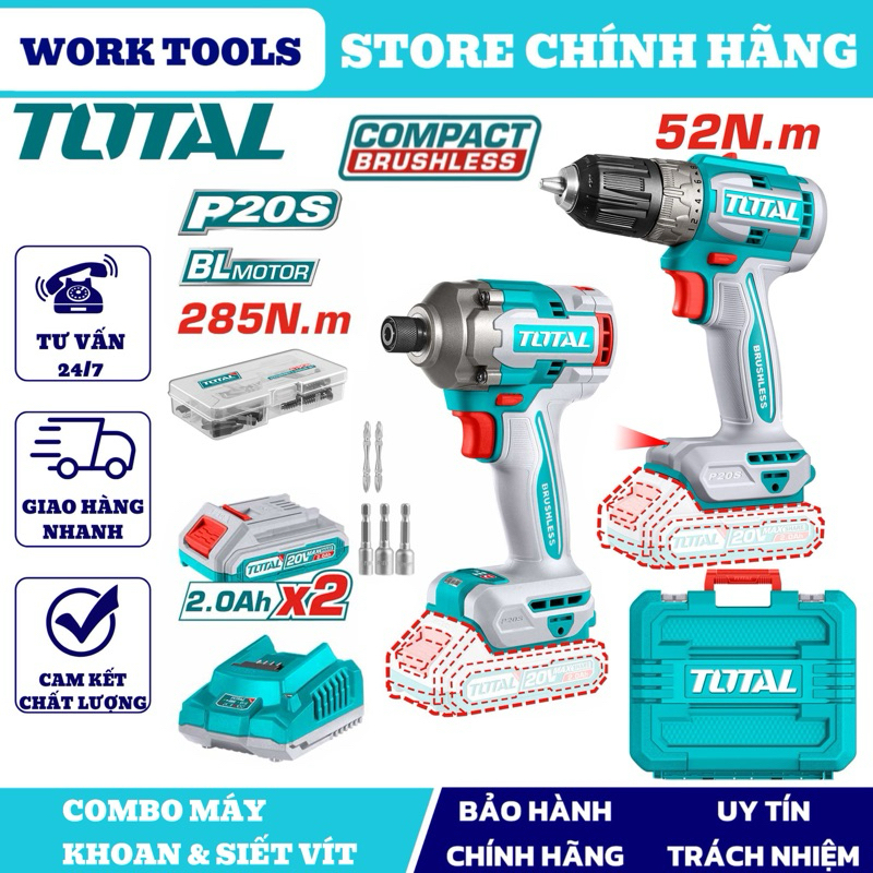 TOTAL Bộ combo máy khoan & siết vít không chổi than dùng pin 20v kèm ...