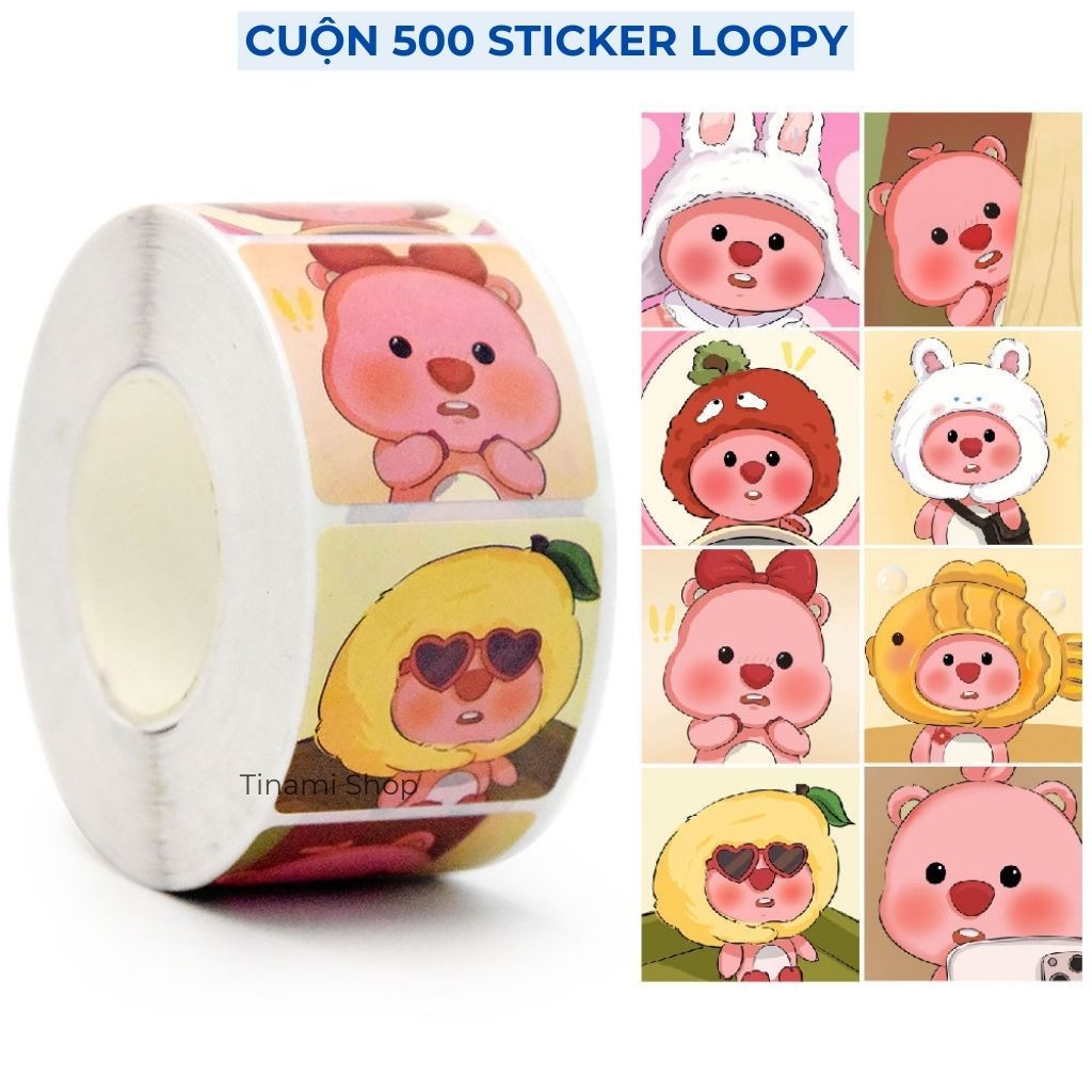 Cuộn 500 sticker Loopy dễ thương tem dán vuông kích thước 2.5cm dùng ...
