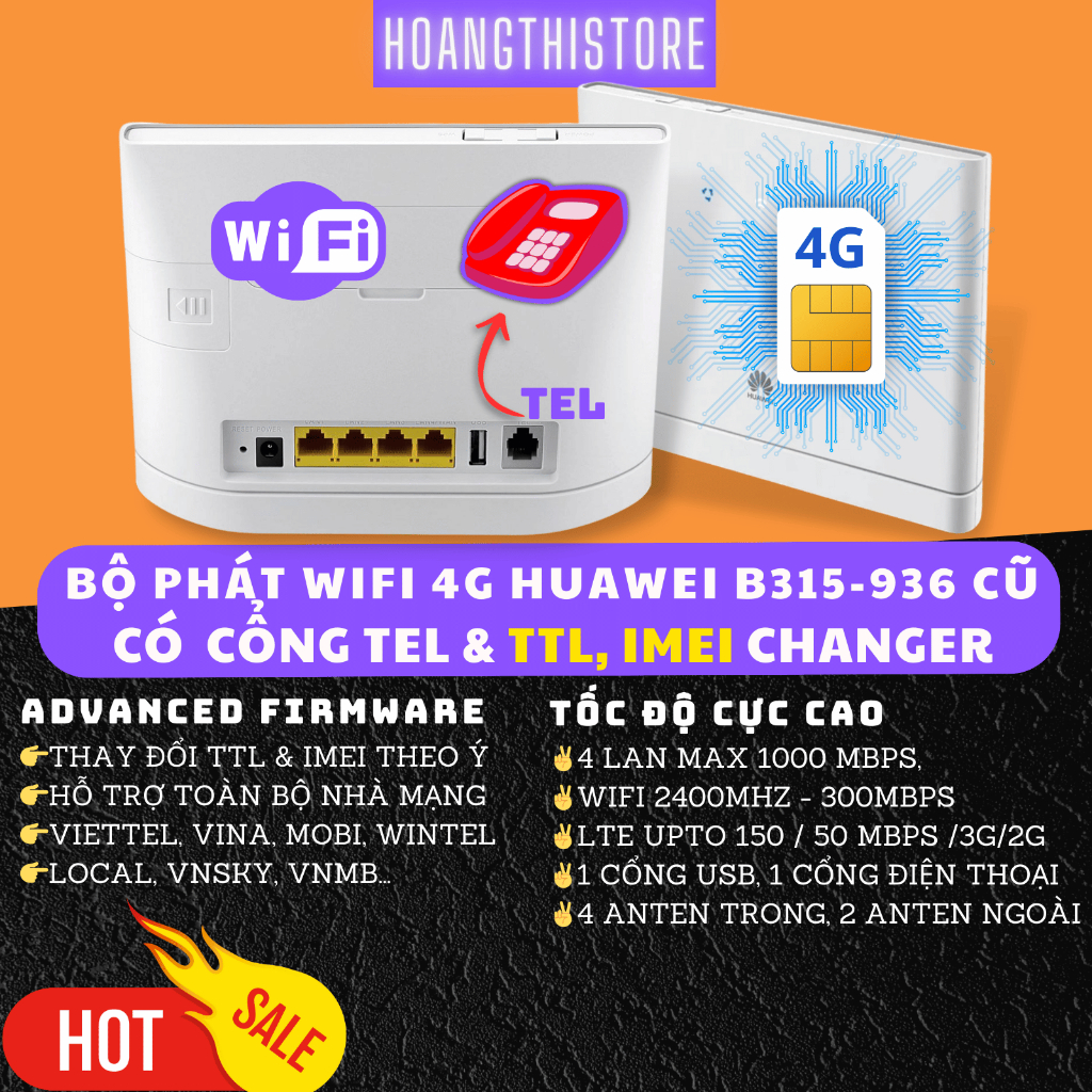 Bộ phát WIFI SIM 4G 3G có cổng Tel HUAWEI B315s-936 cũ. Tàu cá xe khách ...