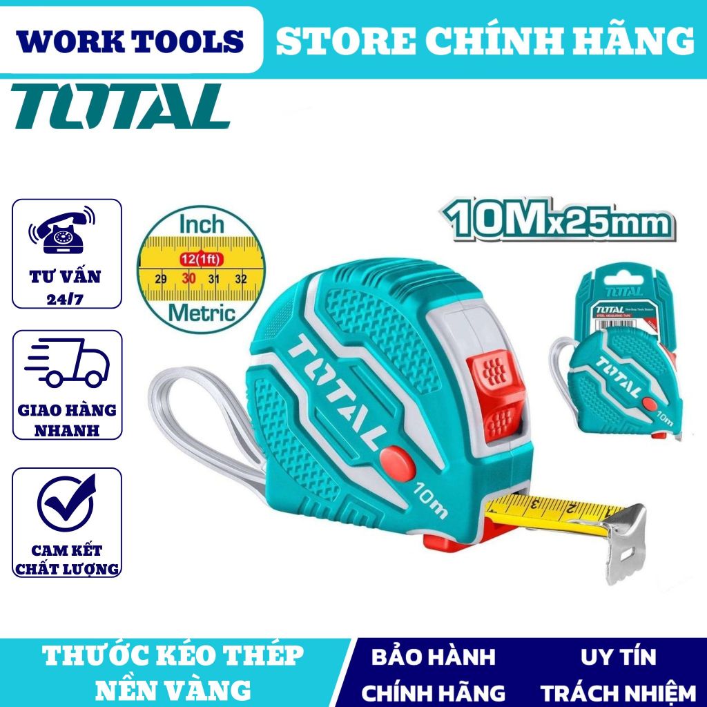 ĐỒ NGHỀ TOTAL Thước kéo thép nền vàng 8X25MM TMT126081 / 10X25MM ...