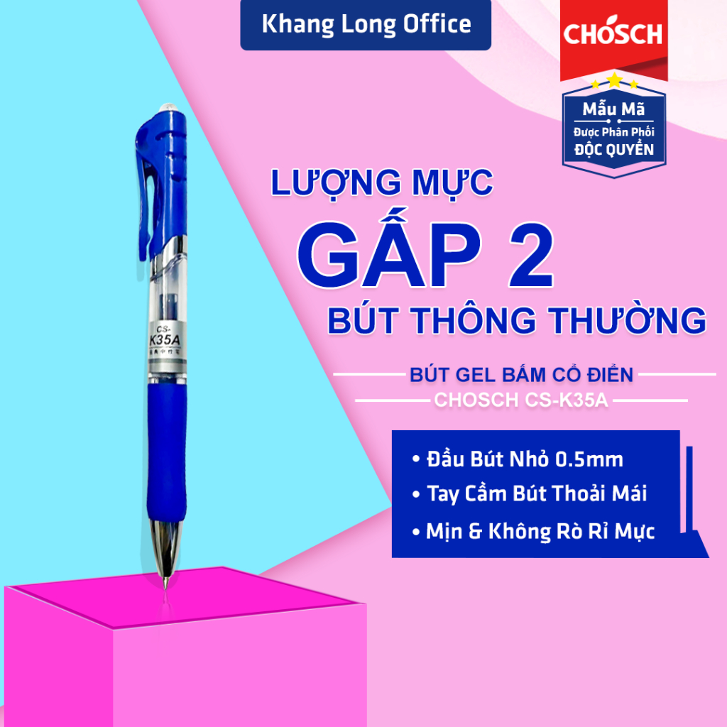 Bút Bi Bấm CHOSCH CS-K35A, Viết Gel Mực Xanh Ngòi Bút 0.5mm, Lượng Mực Lớn Gấp 2 Bút Thông ...