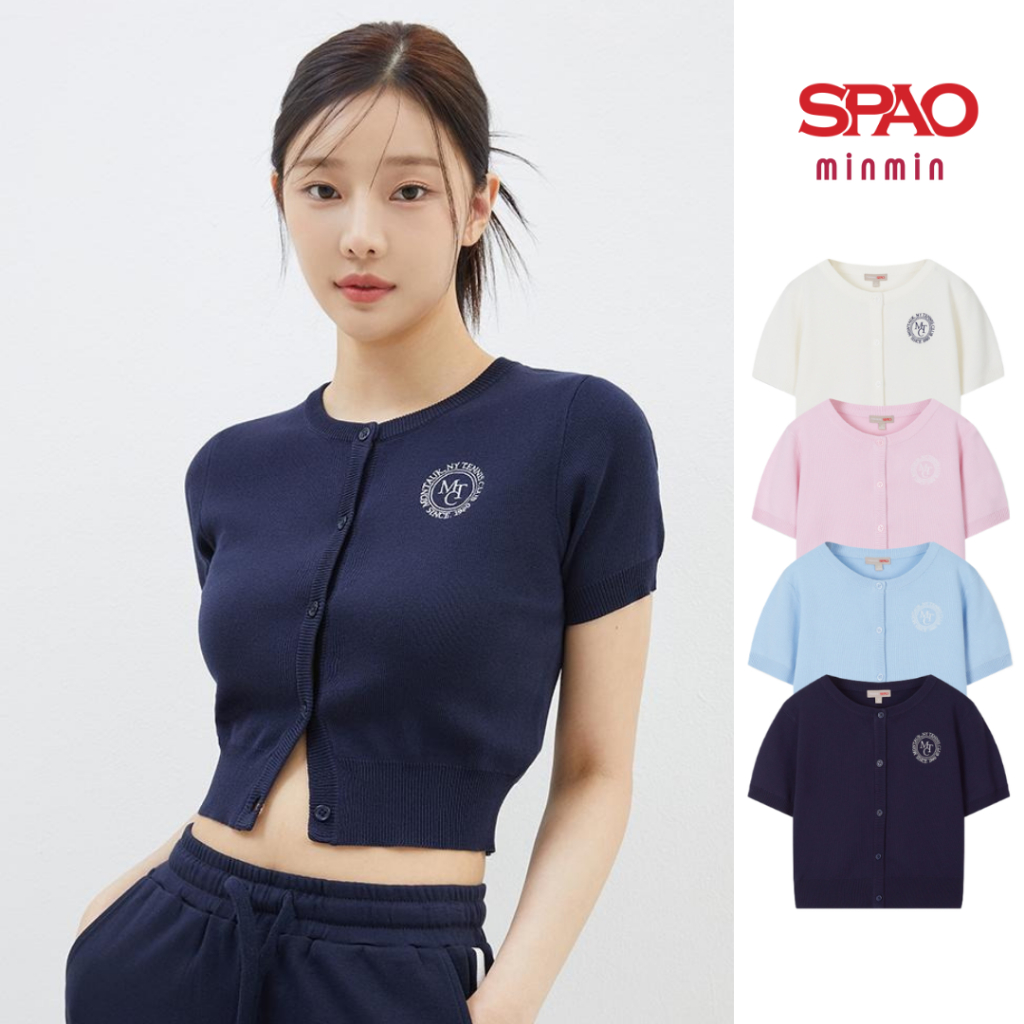 [AUTHENTIC 100%] Spao Korea áo cardigan tay ngắn cổ tròn thêu ngực logo ...