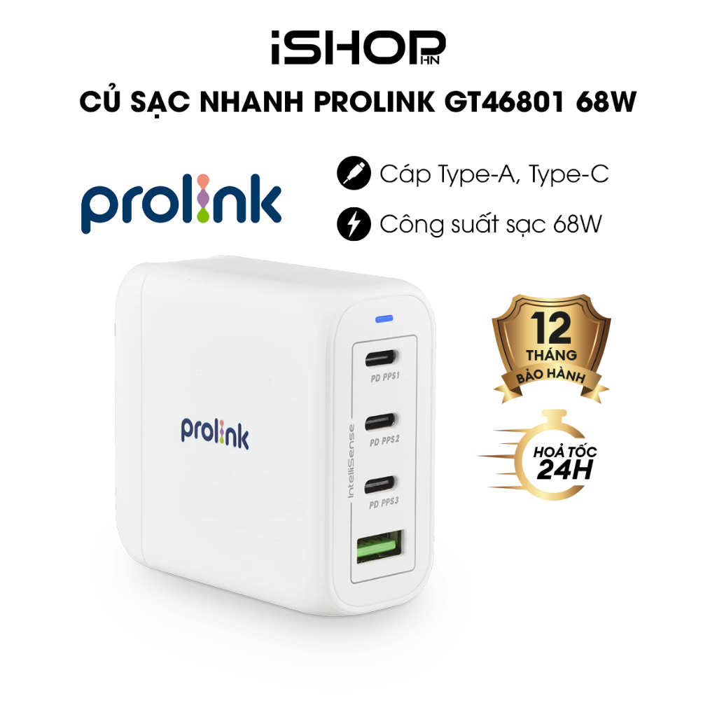 Củ sạc nhanh Prolink GT46801 4 cổng 68W (PD 3.0 & QC4+) công nghệ GAN dùng cho Laptop, Tablet ...
