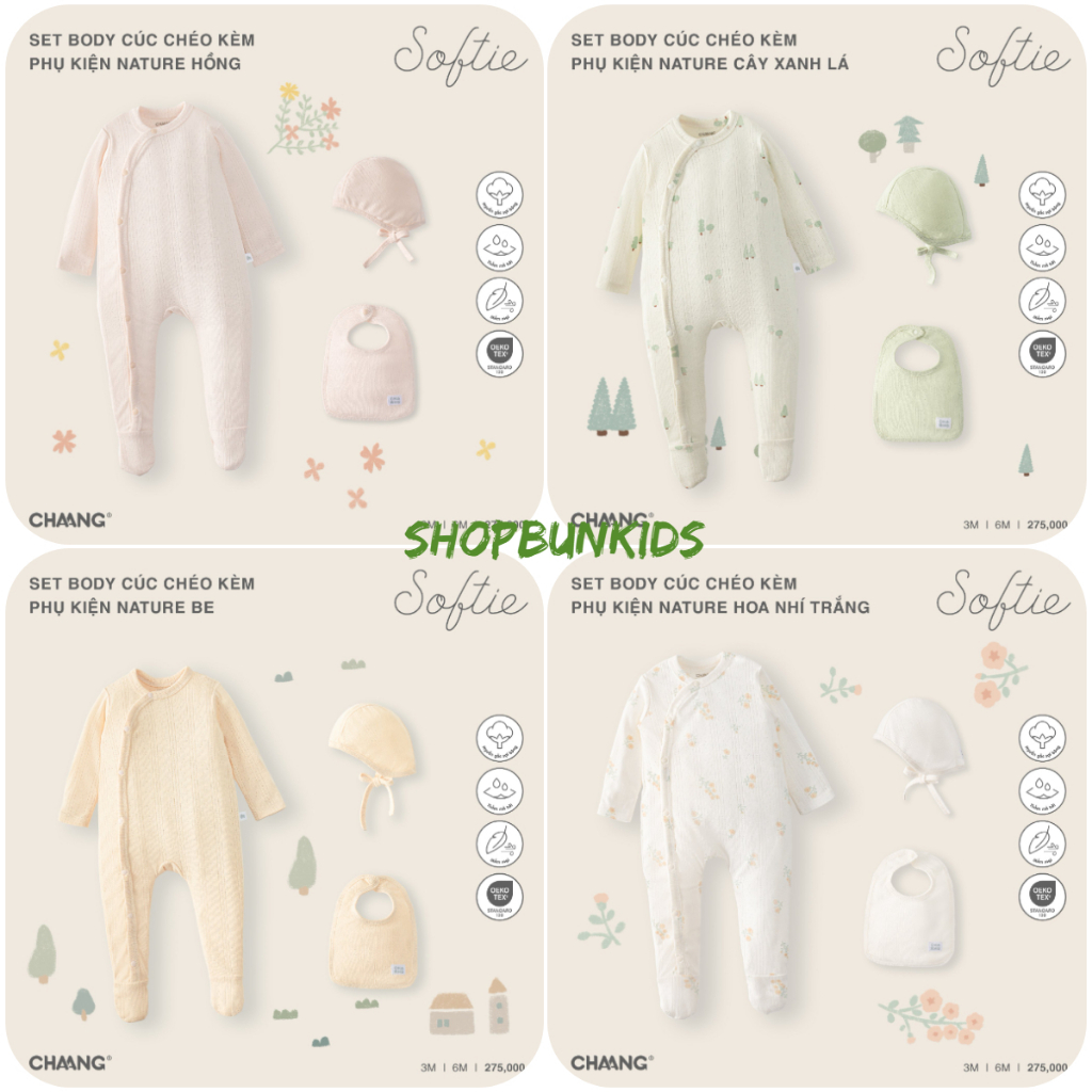 Set Body dài tay sơ sinh mũ yếm CHAANG vải cotton thoáng mềm mỏng mát 0 ...