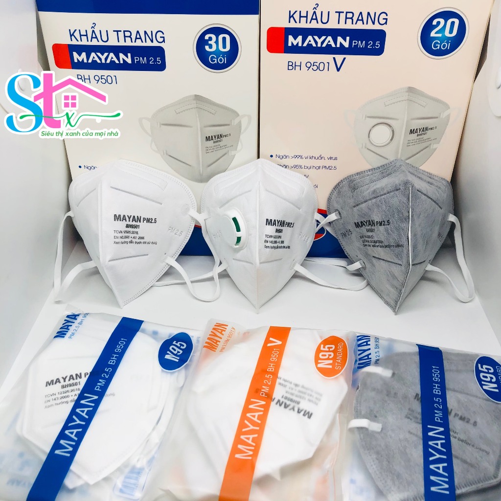 (Hộp 60 cái) Khẩu trang Mayan chính hãng PM2.5 BH9501 đệm mũi, Khẩu trang N95 BH9501V có van thở ...