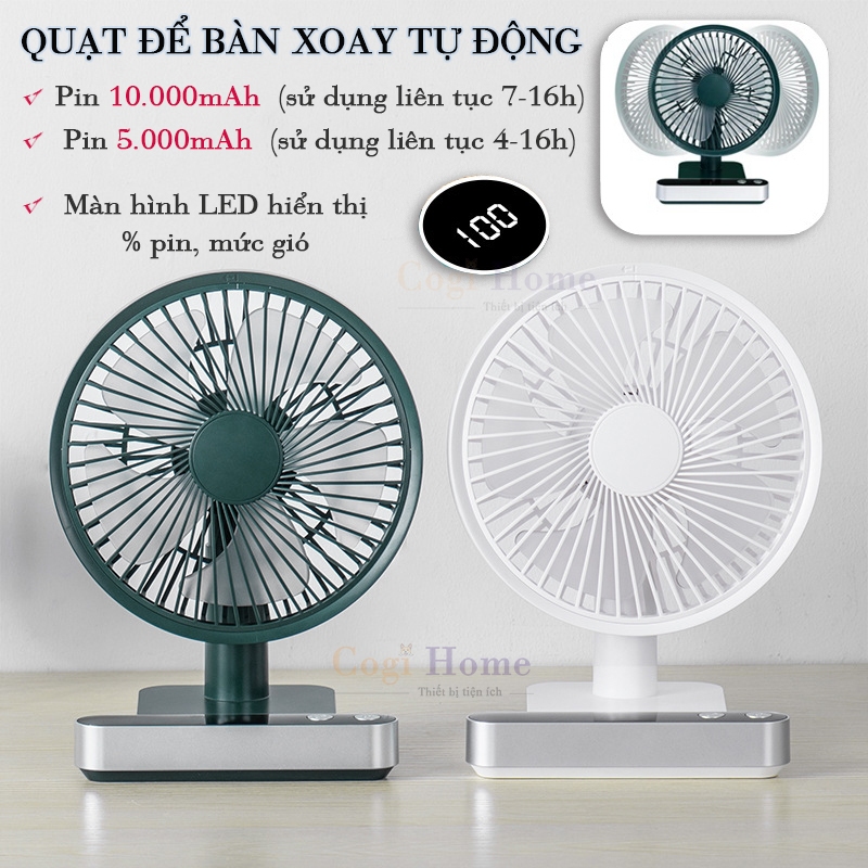Quạt Để Bàn Tích Điện To Xoay Được Pin Trâu 5000mAh 10000mAh Có Màn Hình LED Để Bàn Văn Phòng ...