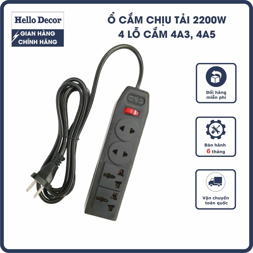 Ổ Cắm Điện Đa Năng 4 Lỗ Chịu Tải 2200W Có Công Tắc An Toàn, Tiết Kiệm ...