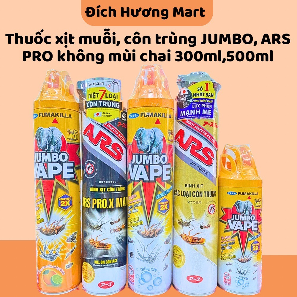 Bình xịt côn trùng, muỗi JUMBO VAPE - ARS không mùi, 2 vòi cực mạnh ...