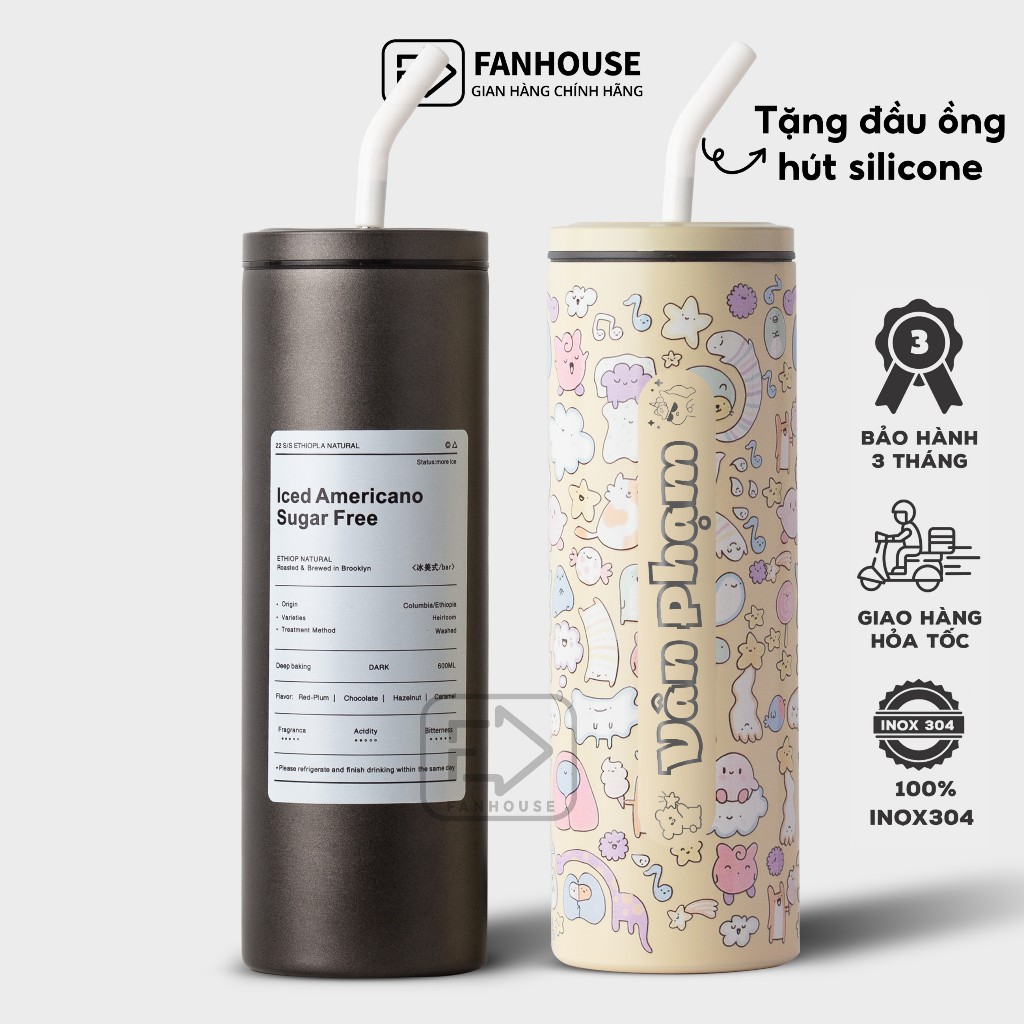 Ly giữ nhiệt Iced Americano 350 & 600ml cốc giữ nhiệt inox khắc tên, Fan House tặng sticker, ống ...