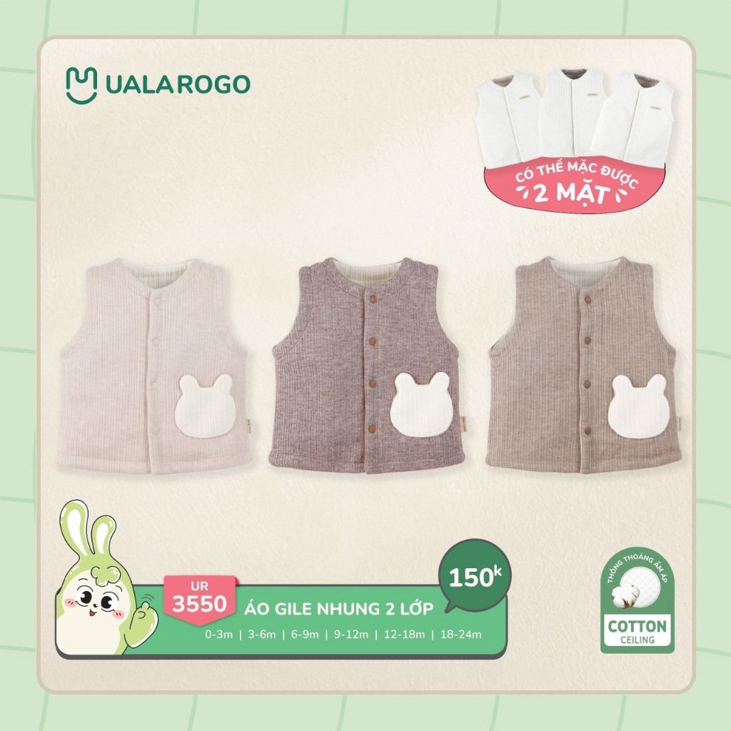 Áo gile Uala Rogo sơ sinh chất nỉ nhung cotton ấm áp, mặc được hai mặt ...