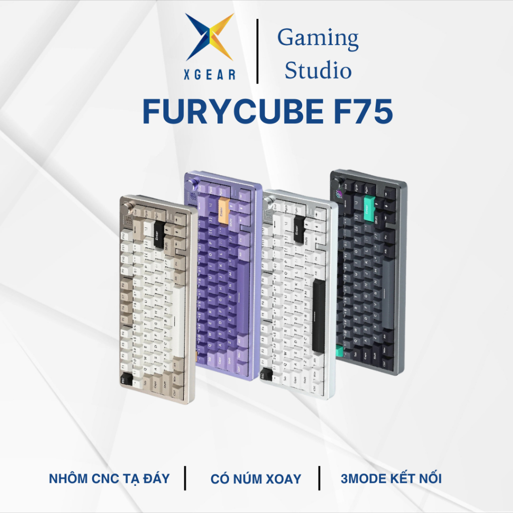 Bàn phím cơ Furycube F75 - Khung nhôm CNC núm xoay cao cấp 3 chế độ kết nối, RGB, mạch xuôi, tạ ...