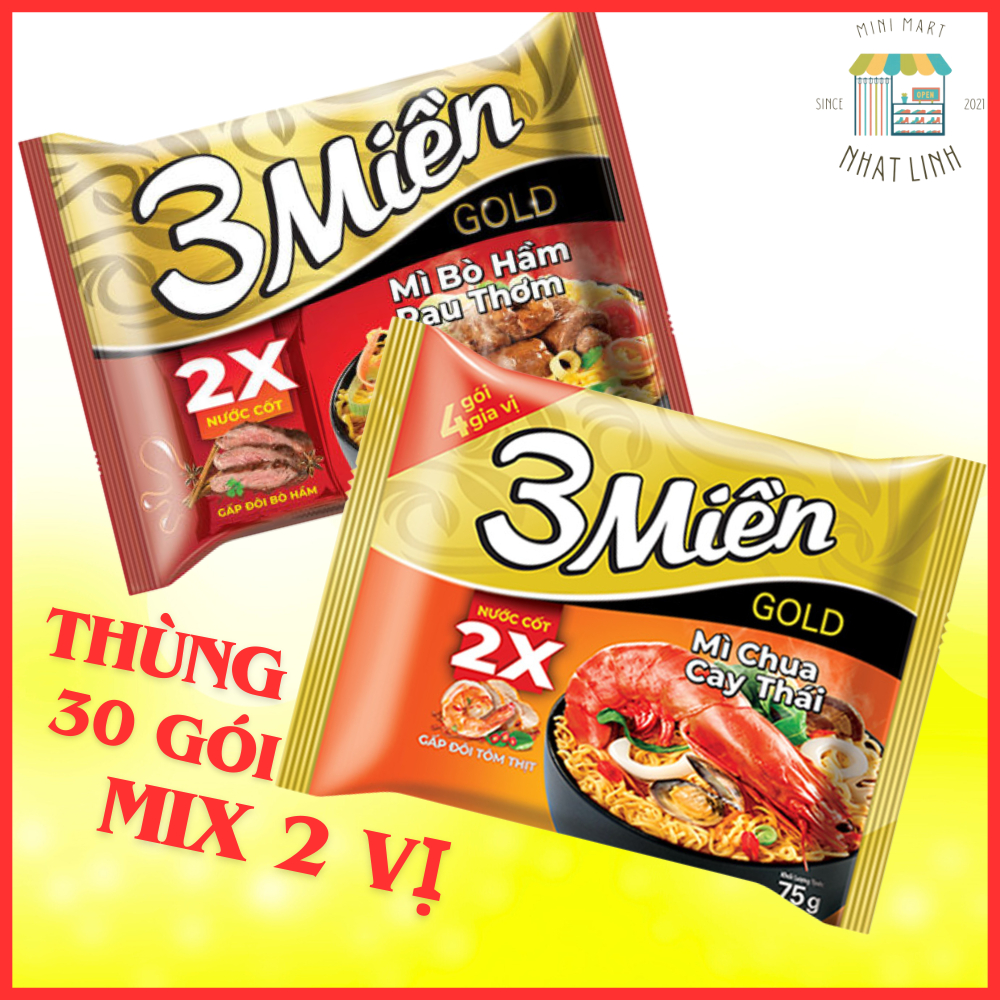 Mì 3 Miền Thùng 30 Gói (Thùng Mix 2 Vị Tôm Chua Cay, Bò Hầm) 2X Nước ...
