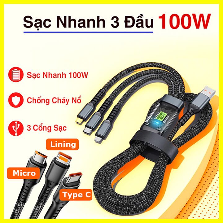 Cáp Sạc Nhanh Siêu Tốc 100W 3 Trong 1 6A, Dây Sạc Tự Ngắt Micro Usb Type C Sạc Nhanh Type-C Cáp ...