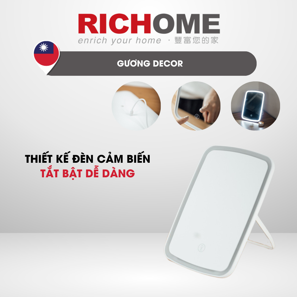 Gương để bàn trang điểm RICHOME MR148. Gương decor có đèn LED, chân chống, nút cảm biến tắt bật ...