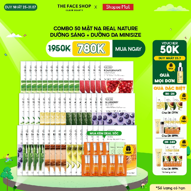 [DUY NHẤT 25.7][VOUCHER 50K]Combo 50 Mặt Nạ Real Nature Dưỡng Ẩm Da Mỗi Ngày THE FACE SHOP 20G ...