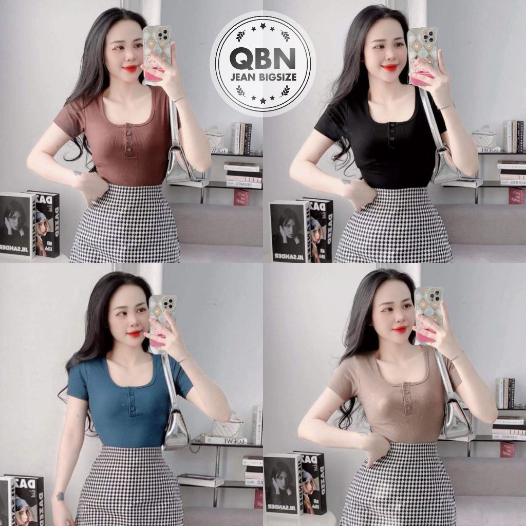 Áo Thun Nữ Tay Ngắn Cổ Vuông Phối Nút Xinh Xắn, Form Ôm Dáng Cực Chuẩn, Bigsize 40 -90kg (MS222 ...
