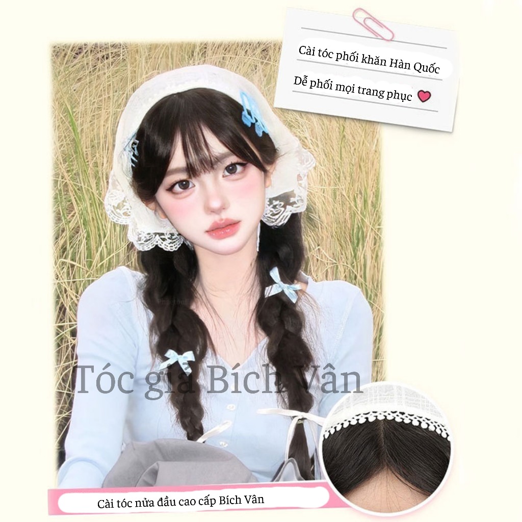 Tóc giả cài nửa đầu phối khăn Bích Vân , tóc giả cài băng đô Hàn Quốc ...
