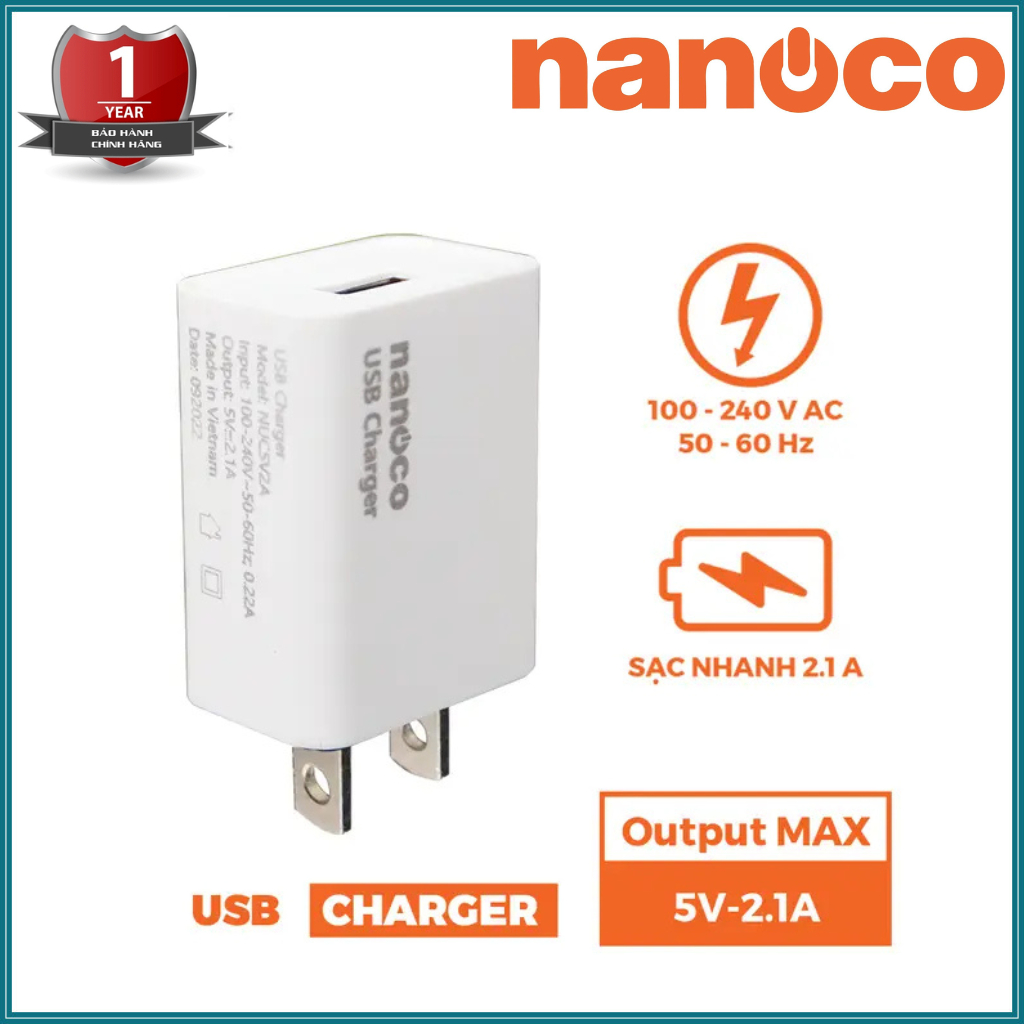Cốc sạc USB 10.5W Nanoco NUC5V2A - Đầu USB type A / Loại chân cắm dẹt ...