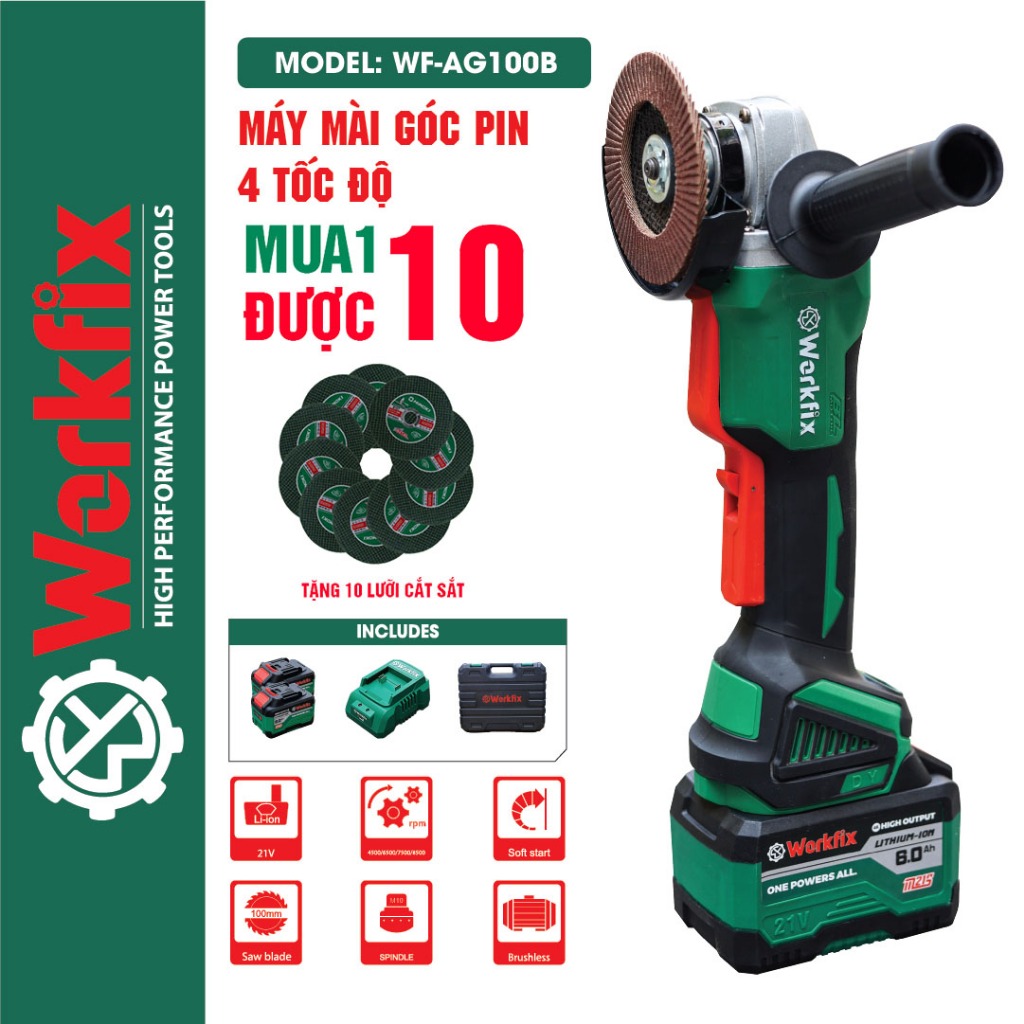 Máy Cắt Pin, Máy Mài Pin WORKFIX WF-AG100B, 4 Tốc, 2 pin 15cell, Có ...