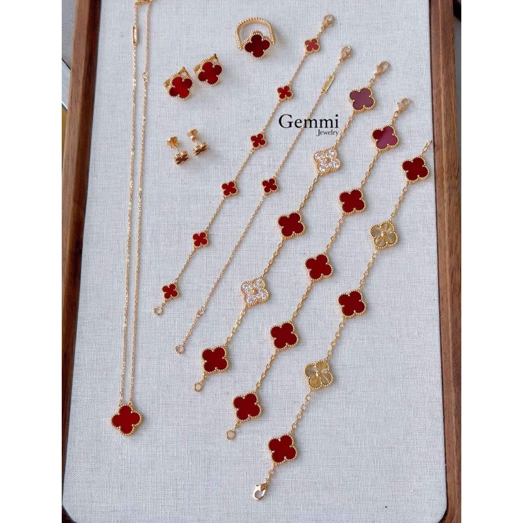 [Hàng siêu cấp - Bạc] Set Trang Sức Hình Bông Hoa cỏ 4 lá cánh màu ĐỎ Rosegold - Gemmi Jewelry ...