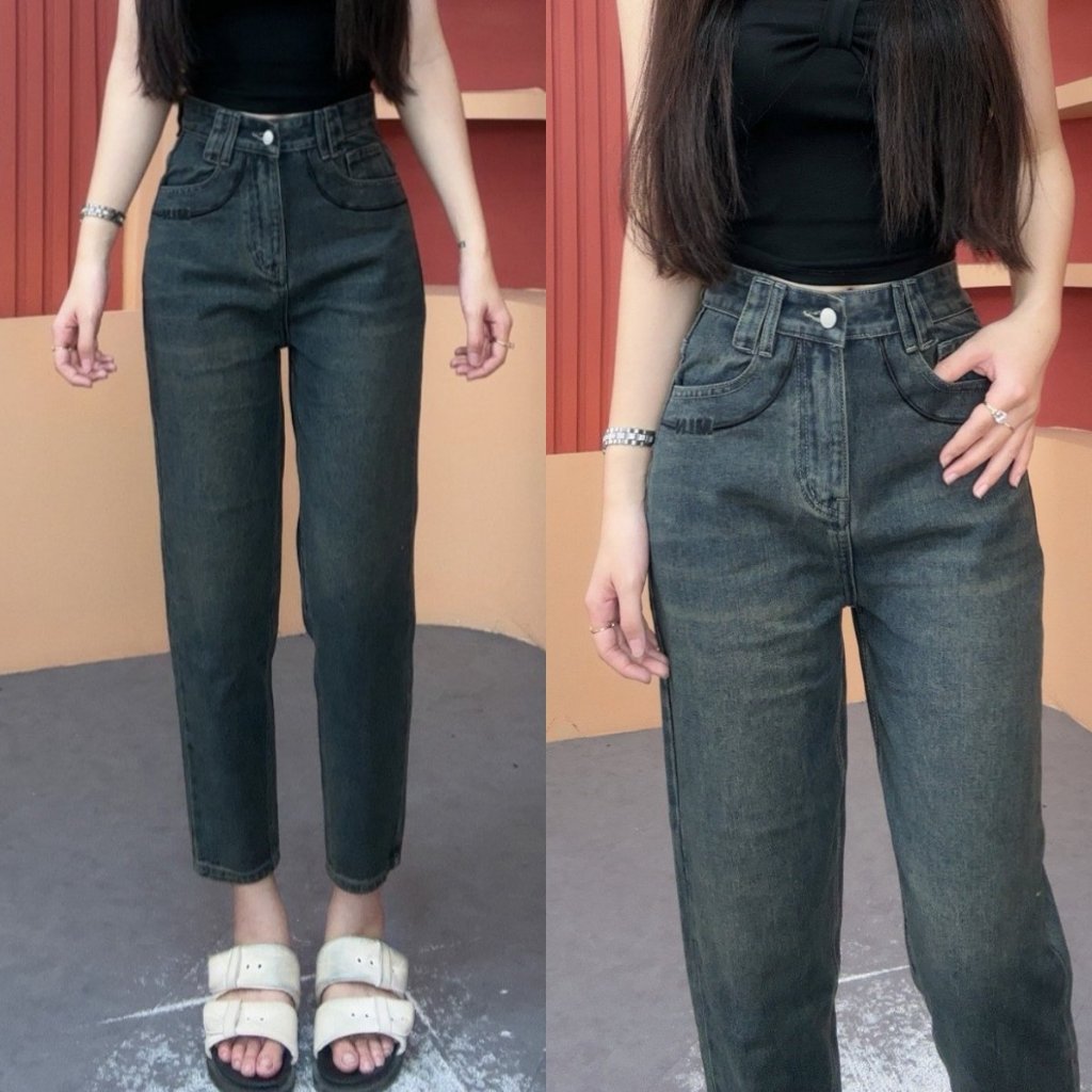 Quần Jean Nữ Baggy Cạp Cao Túi Thêu Chữ Màu Đậm Q345 | Shopee Việt Nam