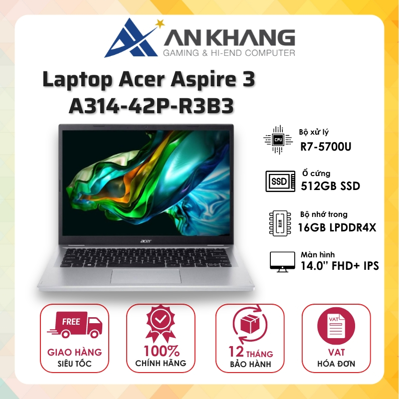 Laptop Acer Aspire 3 A314-42P-R3B3 (R7-5700U, 16GB, 512GB SSD, 14" FHD+ ...