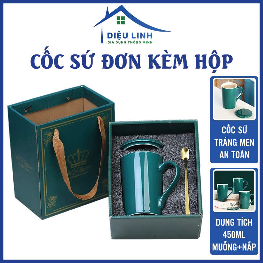 Ly sứ màu xanh 450ml, cốc sứ, cốc uống nước có nắp đậy làm quà tặng nắp ...