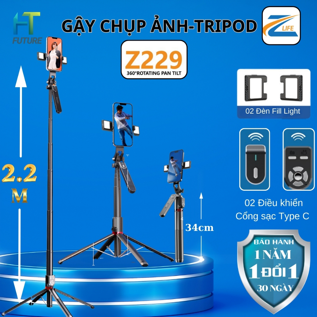 Cây Livestream Điện Thoại 02 Đèn ZLIFE Z229 Gậy Chụp Ảnh Kéo Dài 2.2 mét, Gậy Selfie Quay TikTok ...