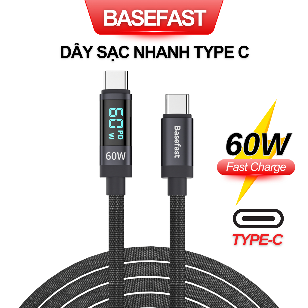 Dây sạc nhanh Type C 60W Basefast LED hiển thị công suất cho điện thoại ...