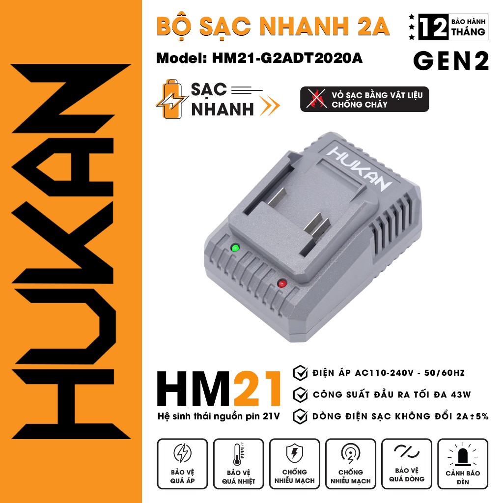 Đế sạc pin 21V Hukan HM21-G2ADT202A chân pin phổ thông, dòng sạc nhanh 2.0A, có đèn báo đầy, sạc ...