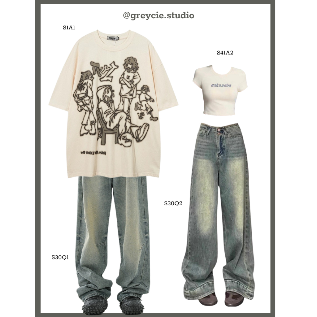 GREYCIE Set đồ đôi đồ couple áo phông croptop be quần bò ống rộng xanh ...