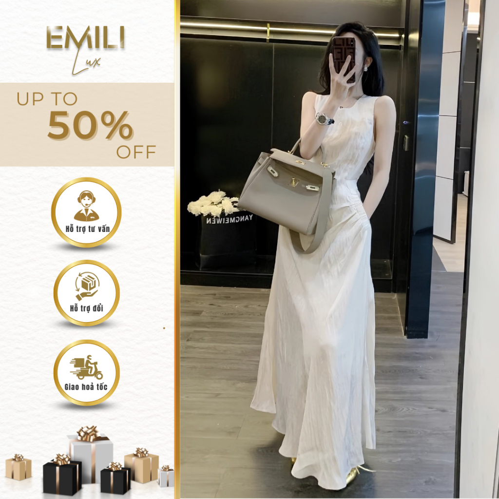 Đầm maxi xếp ly không tay cổ tròn Emili đầm suông dáng xòe phong cách ...