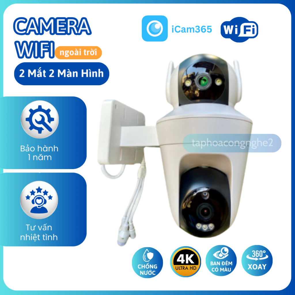 (MUA 1 ĐƯỢC 2) Camera WIFI ICAM365 Ống Kính Đôi 2 Màn Hình, Xoay 360 Độ ...